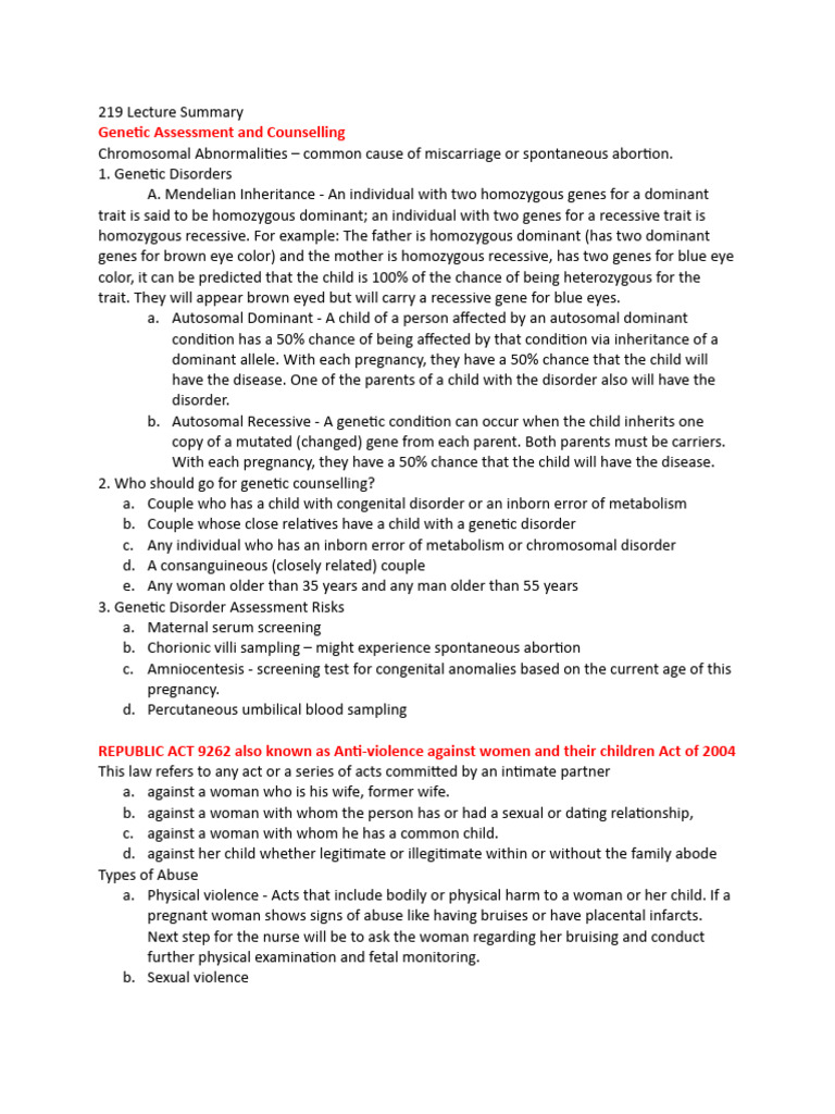 219 Lecture Summary | PDF | Genetic Disorder | Dominance (Genetics)