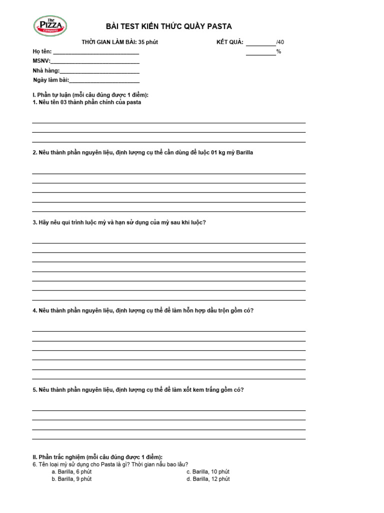 Knowledge Test - Pasta Bar Salad - 041022 | PDF