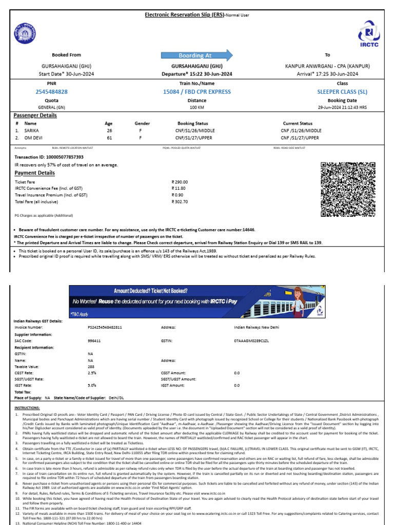 FBD CPR Express Sleeper Class (SL) : Electronic Reserva On Slip (ERS ...