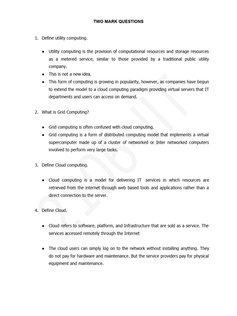 Two Mark Questions Unit 1 Pdf Parallel Computing Cloud Computing 2552