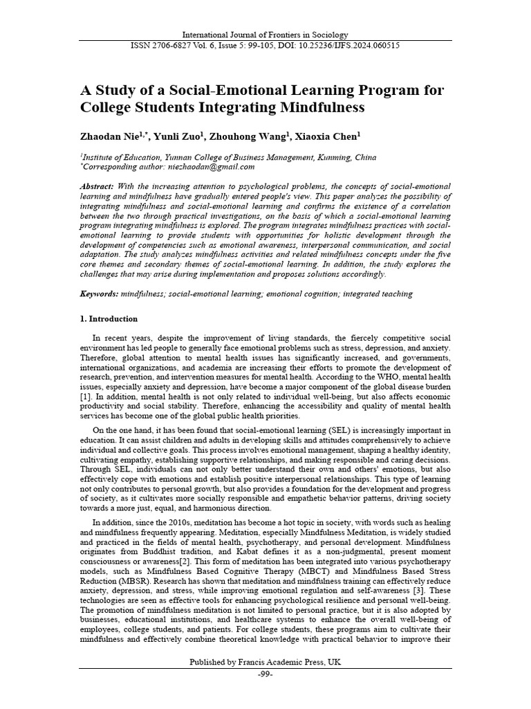 A Study of A Social-Emotional Learning Program For College Students ... A Study of A Social-Emotional Learning Program For College Students ...