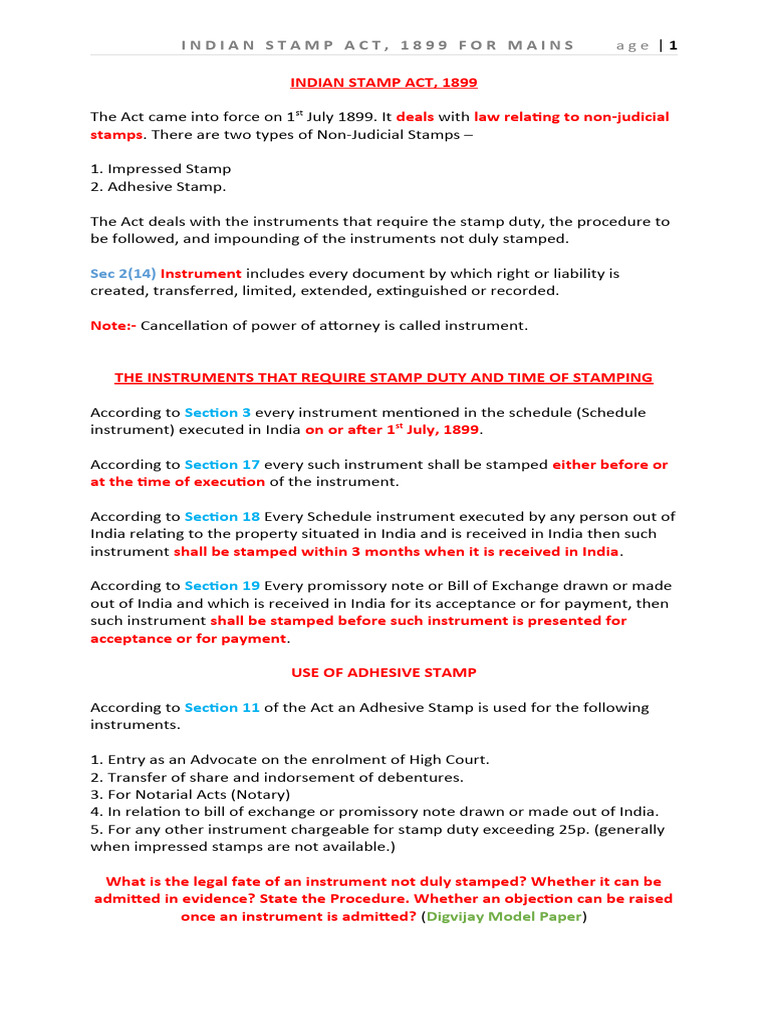 Stamp Act, 1899 Mains Notes | PDF | Judge | Negotiable Instrument