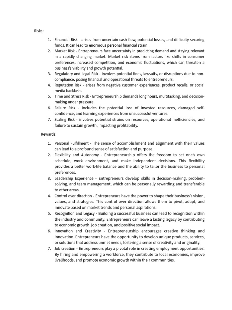 Key Risks and Rewards of Entrepreneurship | PDF | Entrepreneurship | Risk