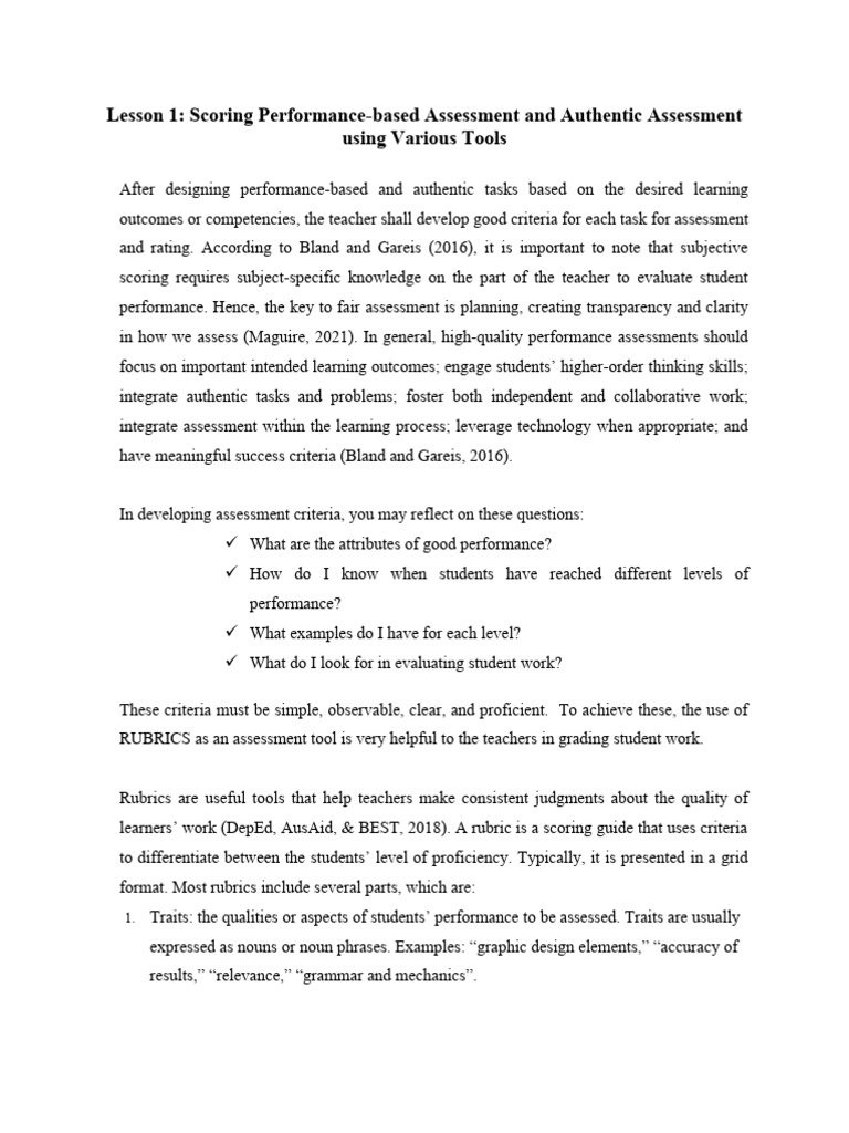 Scoring Performance-Based Assessment and Authentic Assessment Using ...