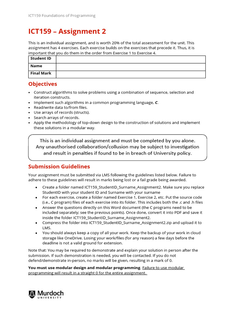 ICT159 Assignment 2 Guidelines | PDF | Parameter (Computer Programming) | Pointer (Computer ...