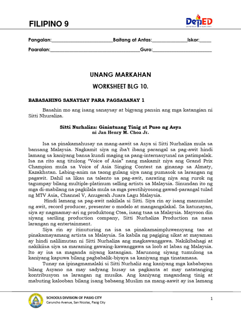 Filipino 9: Unang Markahan | PDF