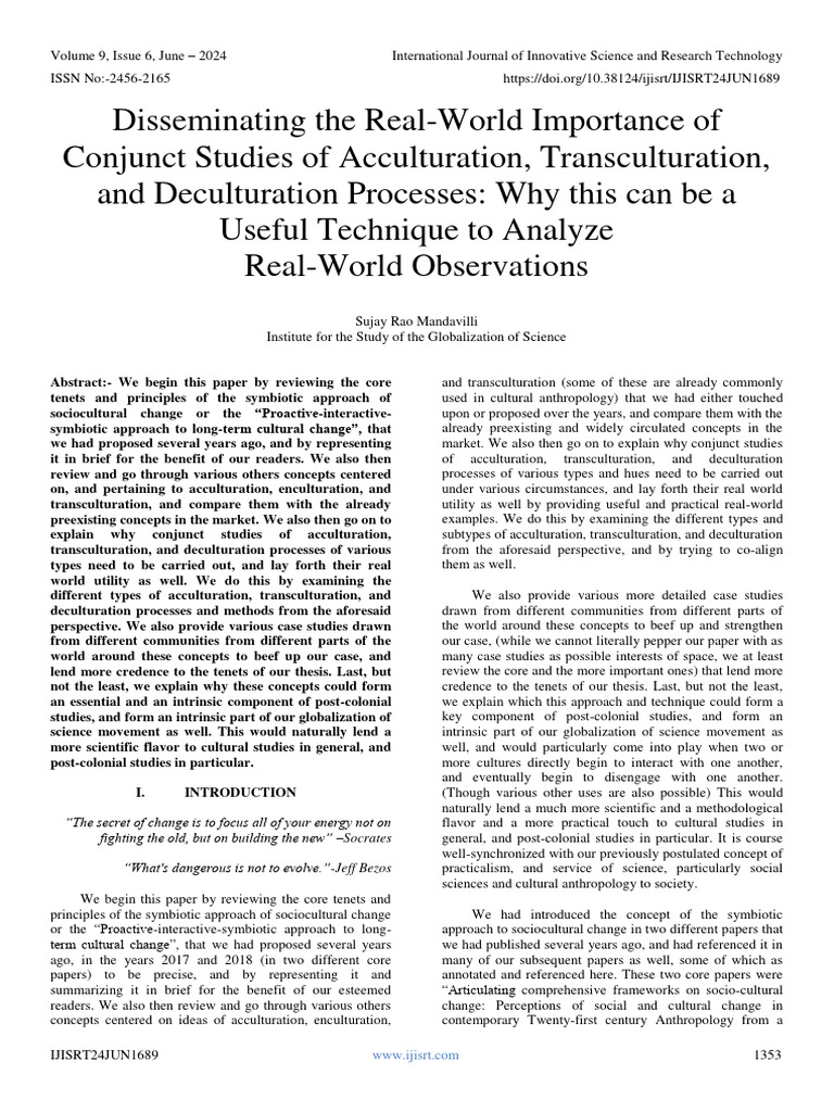 Disseminating the Real-World Importance of Conjunct Studies of Acculturation, Transculturation ...