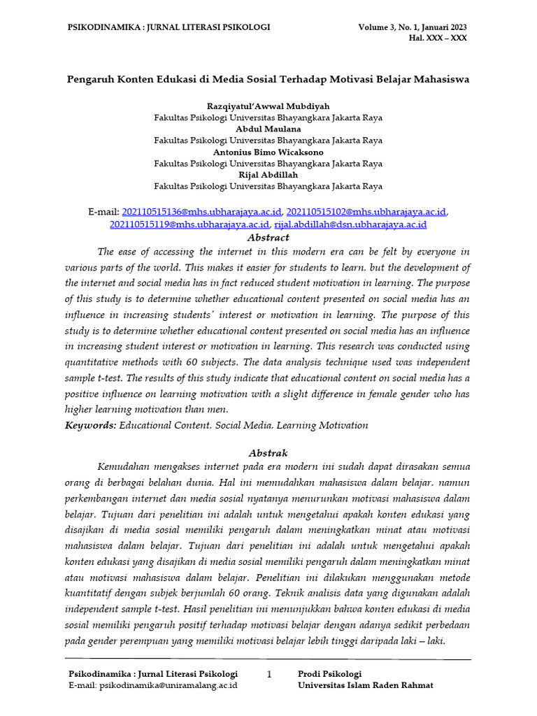 Pengaruh Konten Edukasi Di Media Sosial Terhadap Motivasi Belajar Mahasiswa - Kelompok 3 | PDF