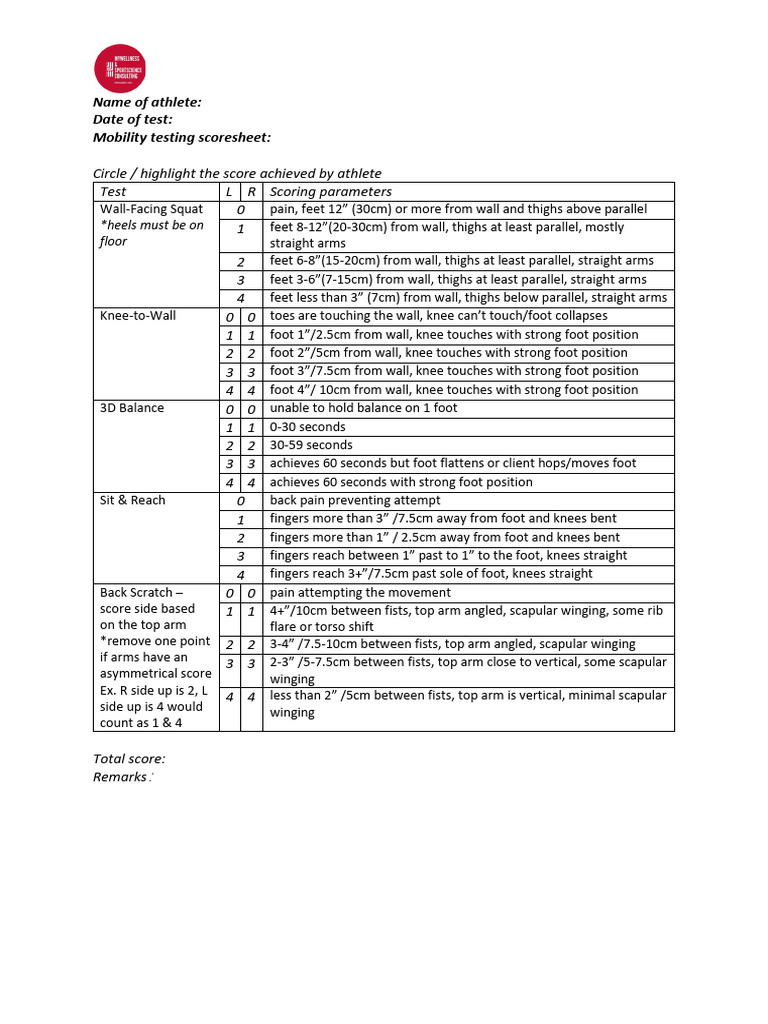 Athlete Mobility Test Scoresheet | PDF | Foot | Knee