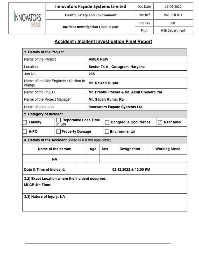 Incident Investigation Report: AMEX Project | PDF | Occupational Safety ...