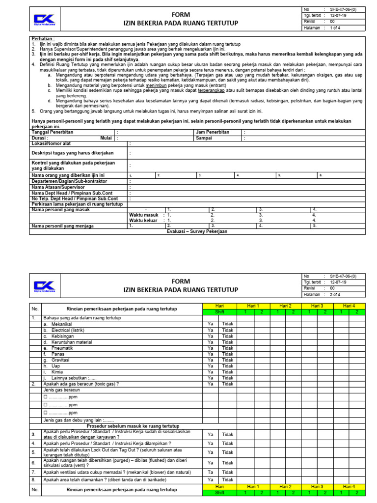 Izin Kerja Ruang Tertutup: Prosedur dan Formulir | PDF