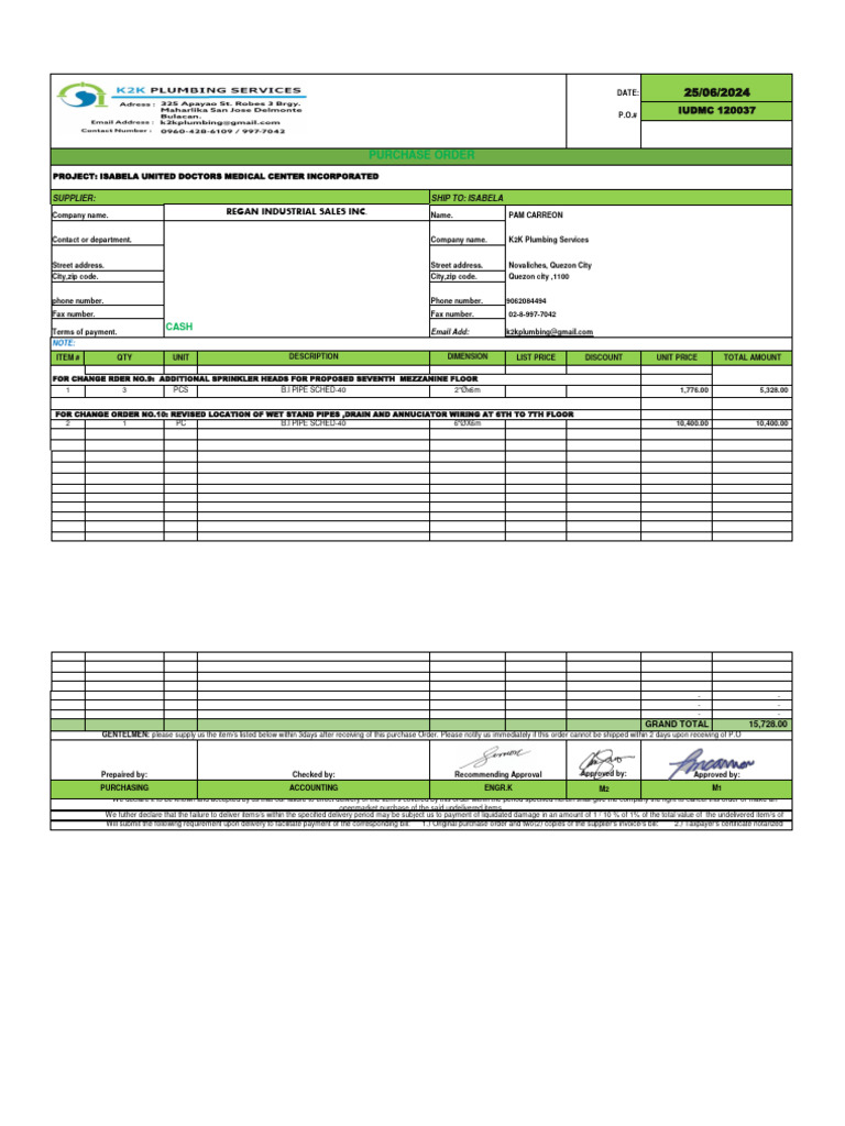 Purchase Order of Needed Materials For Change Order Final June 28 2024 Reagan Revise | PDF ...