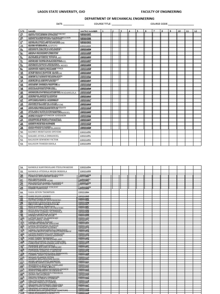 Mechanical Engineering Attendance 22 Set | PDF