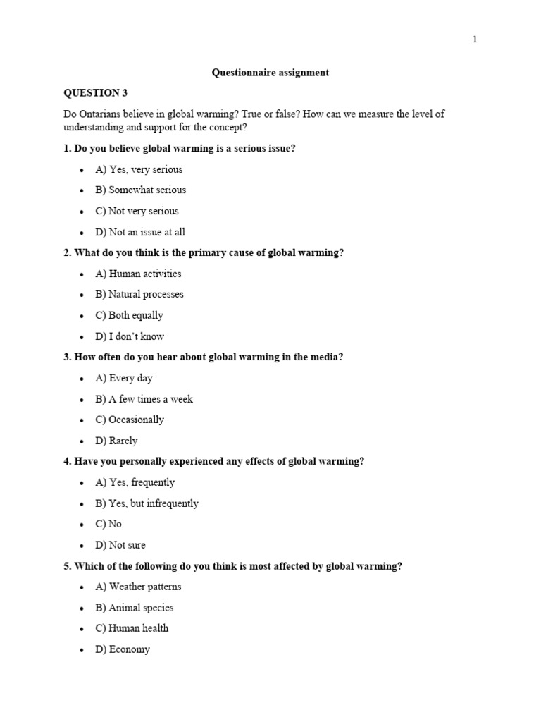 Questionnaire Assignment 1 | PDF | Climate Change | Natural Environment