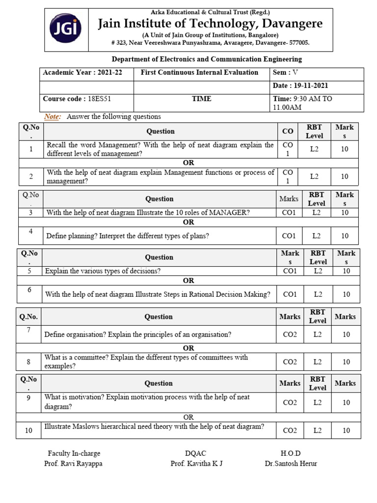 18es51 IA1 QP | PDF | Cognition