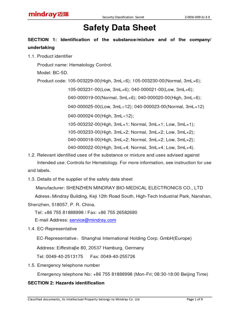 BC-5D Hema MSDS 3.0 | PDF | Occupational Safety And Health | Safety