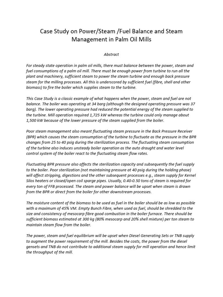 Palm Oil Mill Power and Steam Balance | PDF | Boiler | Steam