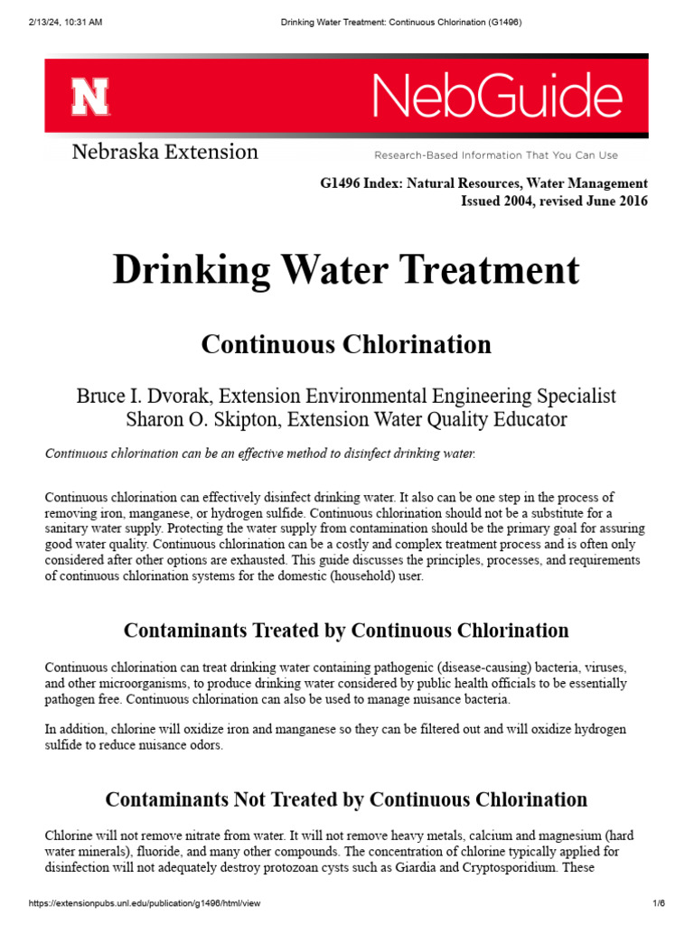 Drinking Water Treatment - Continuous Chlorination (G1496) | PDF ...