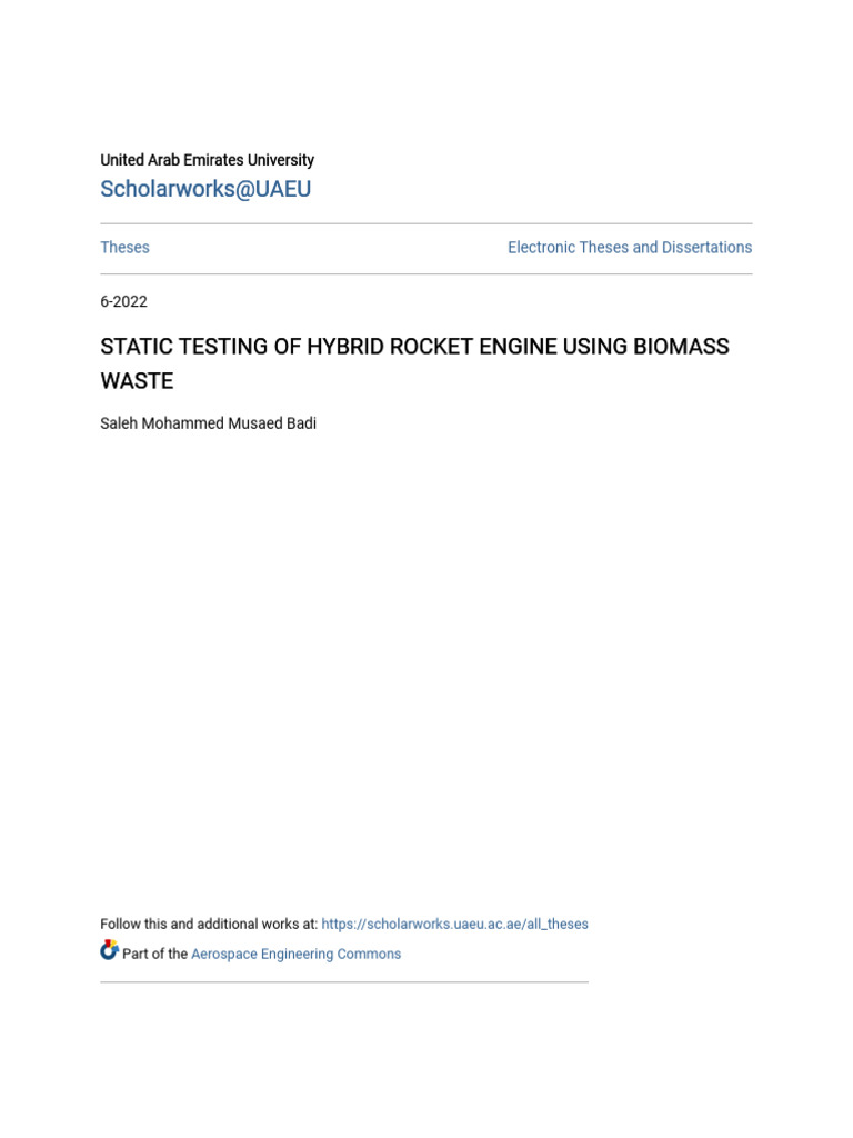 Static Testing Of Hybrid Rocket Engine Using Biomass Waste Pdf