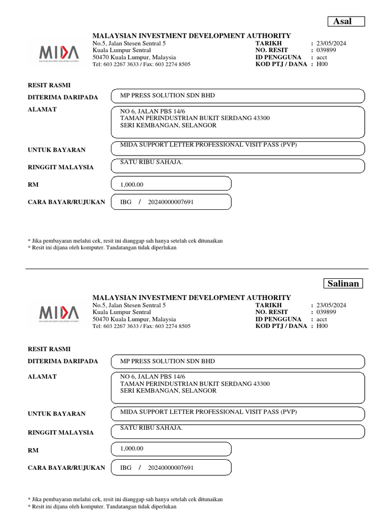 MIDA RM1000 Receipt | PDF
