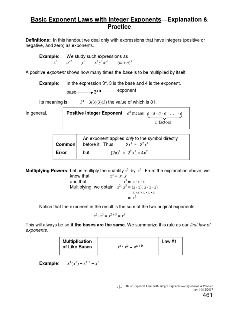461 - 2017-Basic Exponent Laws With Integer Exponents - Explanation Practice | PDF ...