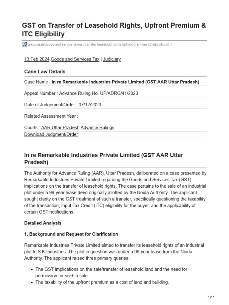 Taxguru - in-gST On Transfer of Leasehold Rights Upfront Premium ITC ...