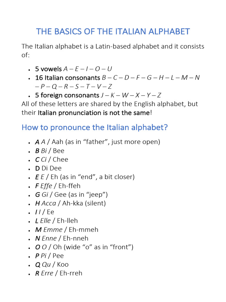 The Basics of The Italian Alphabet | PDF | Alphabet | Consonant