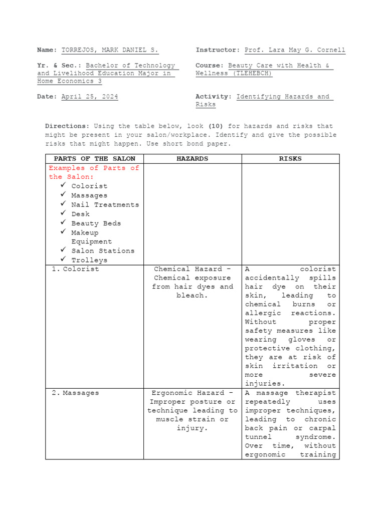 Identifying Hazards and Risks TORREJOS | PDF | Hazards | Nail (Anatomy)