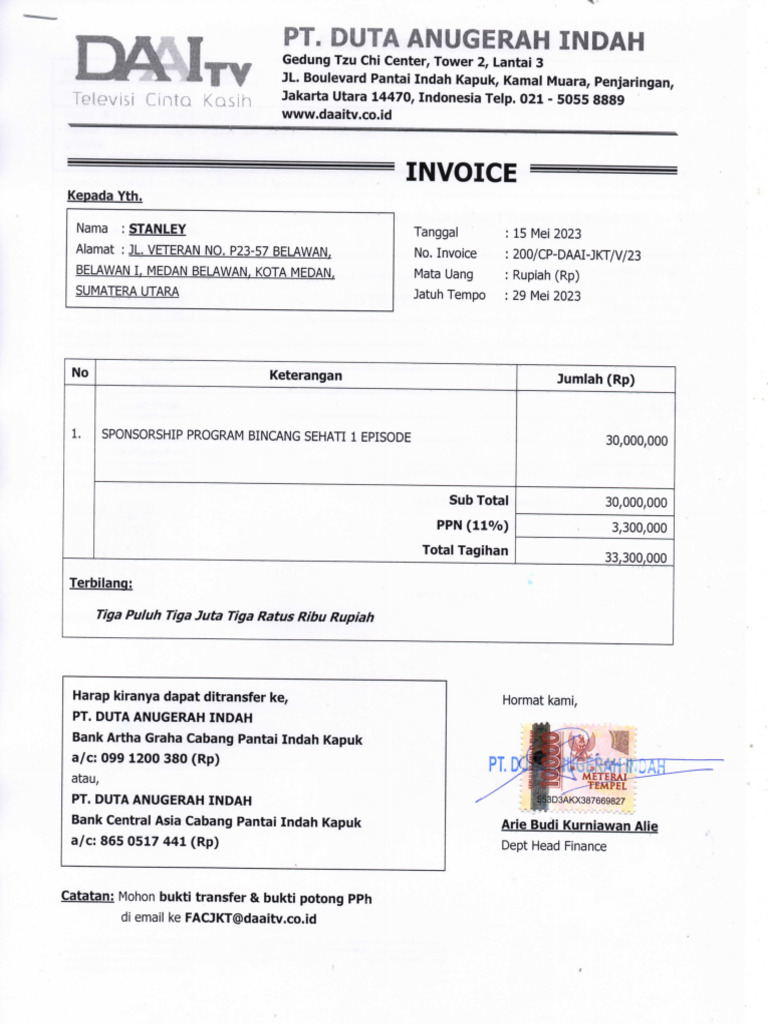 Invoice Bincang Sehati DBS Pro | PDF