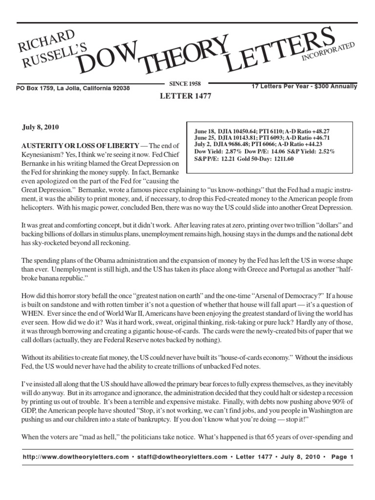 Dow Theory Letter 100708 | Economic Bubble | United States Dollar