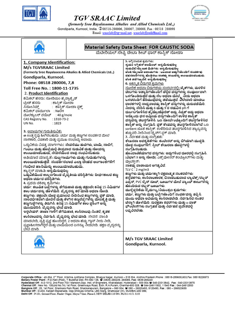 Material Safety Data Sheet FOR CAUSTIC SODA - Kannada | PDF