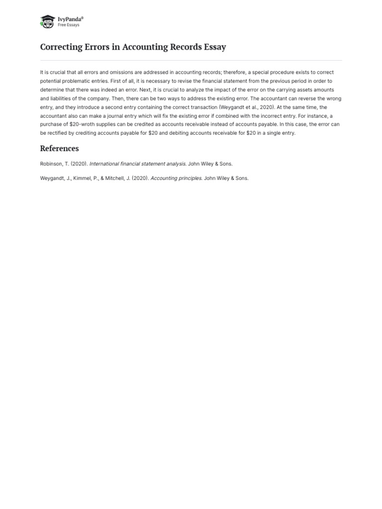 Correcting Errors in Accounting Records - 166 Words - Essay Example | PDF