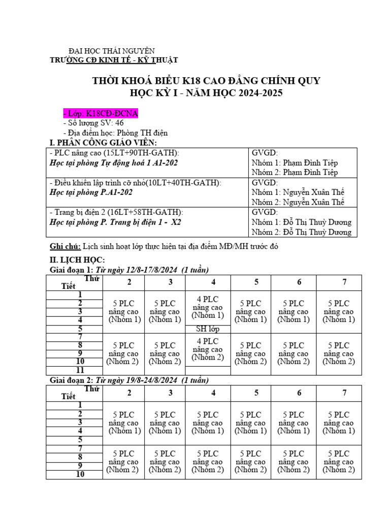 TKB K18CĐ ĐCN A + B HK1 2024-2025 | PDF