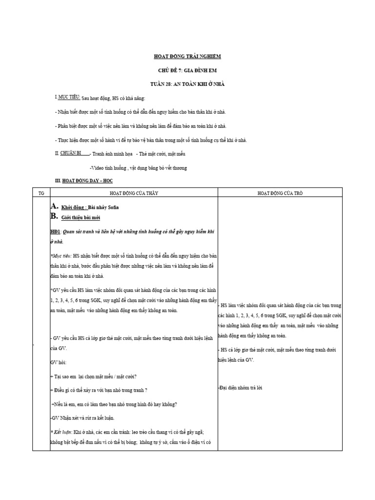 Giáo án HOẠT ĐỘNG TRẢI NGHIỆM tuan 28 | PDF