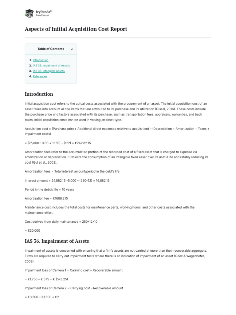 Aspects of Initial Acquisition Cost - 532 Words - Report Example | PDF ...