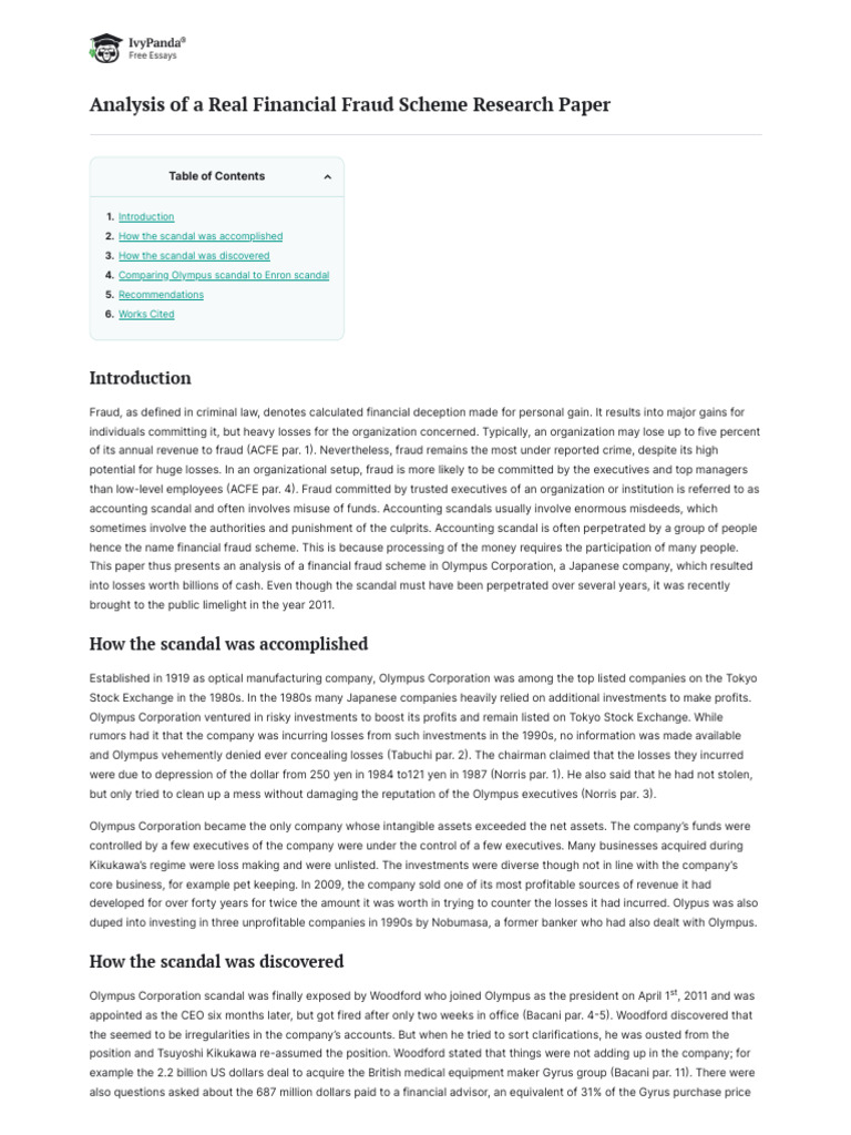 Analysis of A Real Financial Fraud Scheme - 1353 Words - Research Paper ...