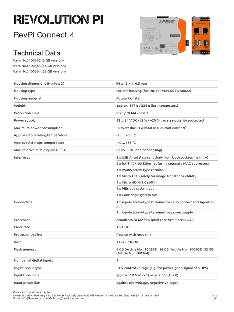 Technical Datasheet RevPi-Connect-4 | PDF | Usb | Power Supply