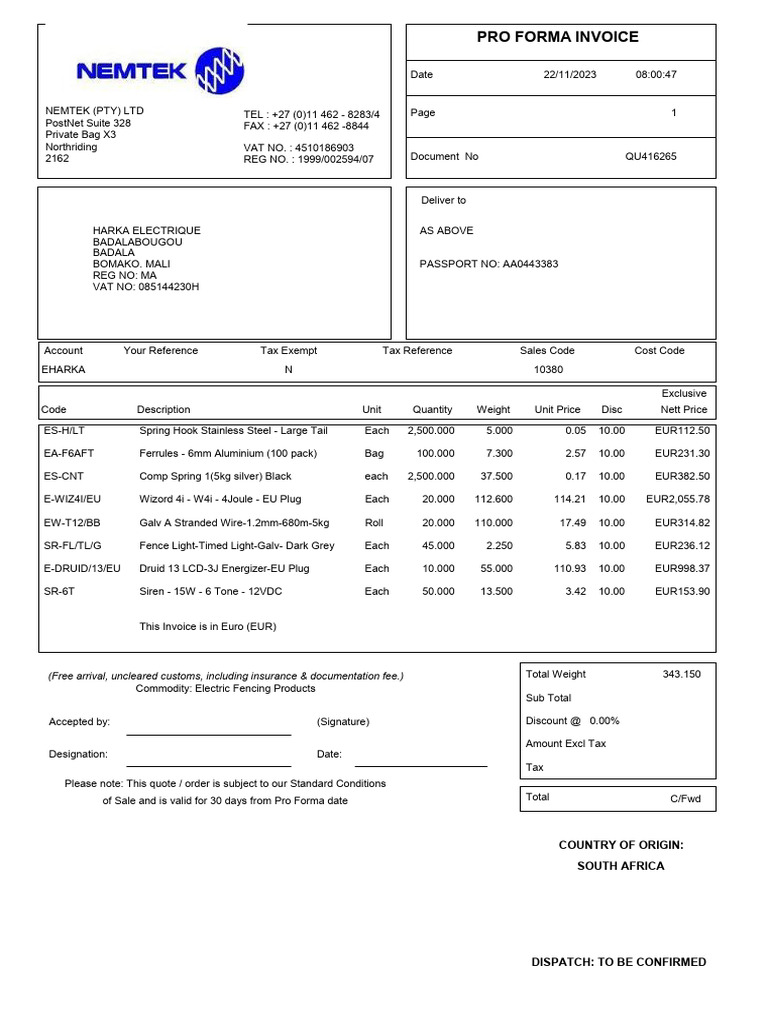 Proforma Invoice - Harka - PI - Har.22.11.2023 - Qu416265 - Inc VAT ...