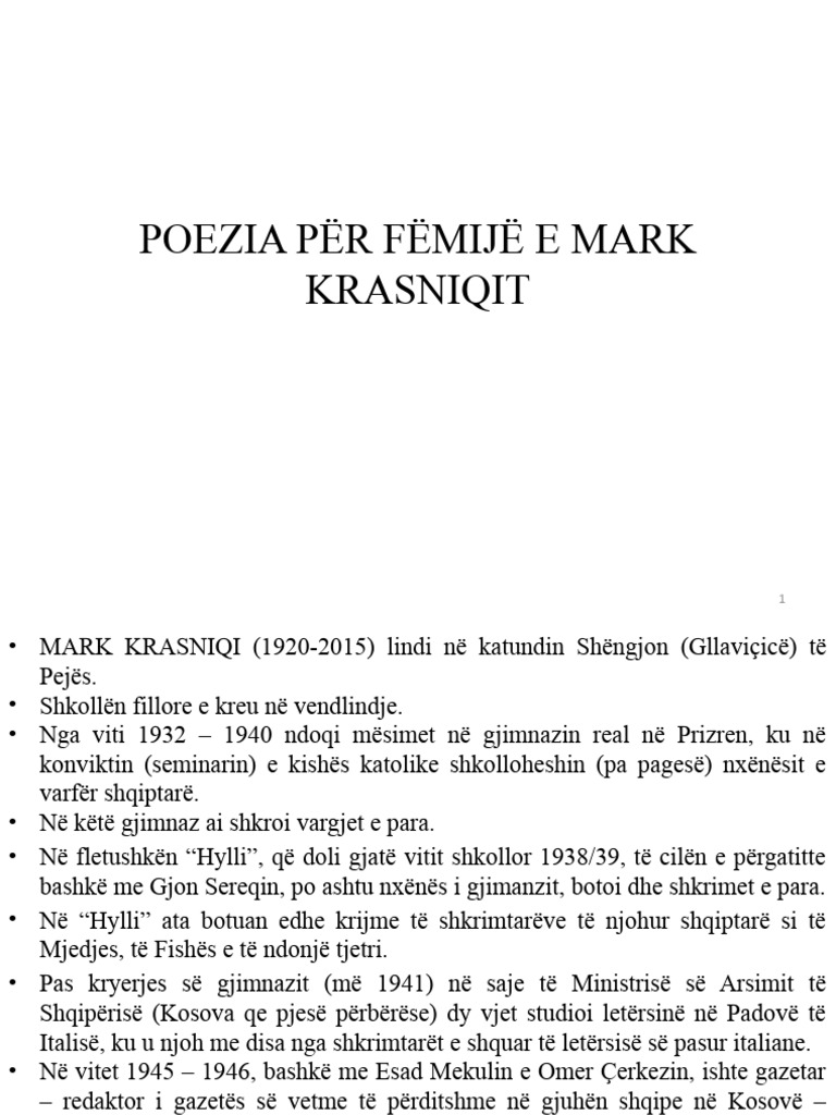 Poezia Për Fëmijë E Mark Krasniqit | PDF