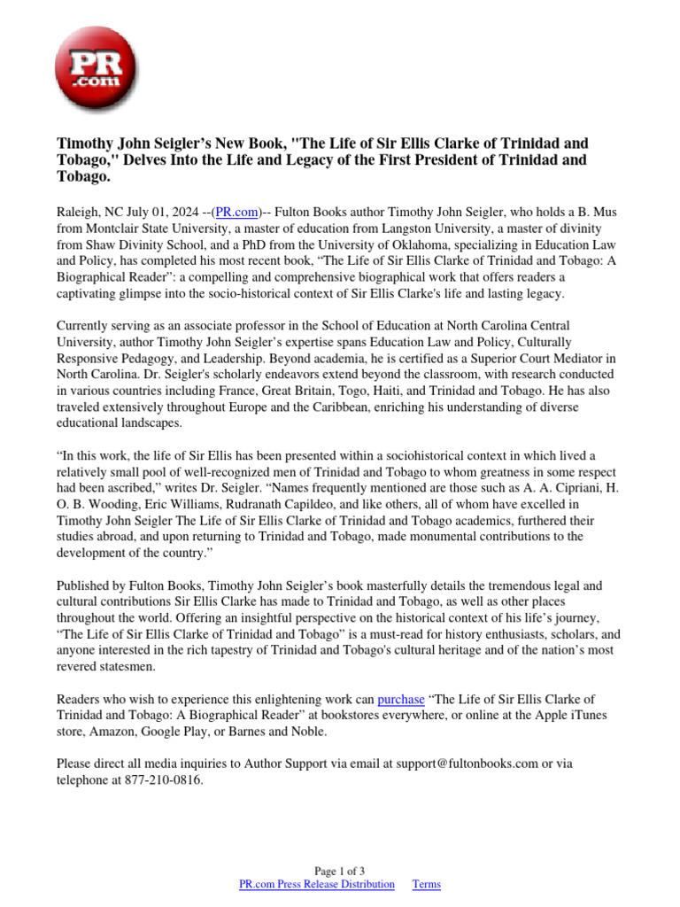Timothy John Seigler's New Book, "The Life of Sir Ellis Clarke of ...