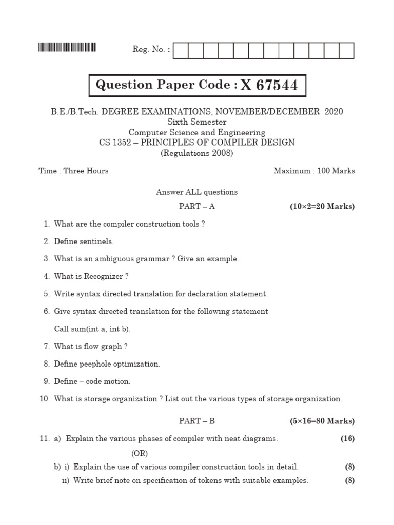 ND-2020-CS 1352-Principles of Compiler Design | PDF | Parsing | Compiler ND-2020-CS 1352-Principles of Compiler Design | PDF | Parsing | Compiler