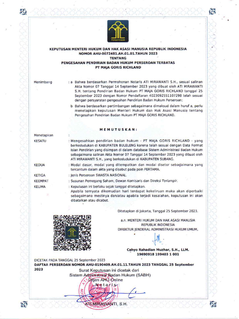 SK Pengesahan PT Maja Goris Richland (TTD) | PDF