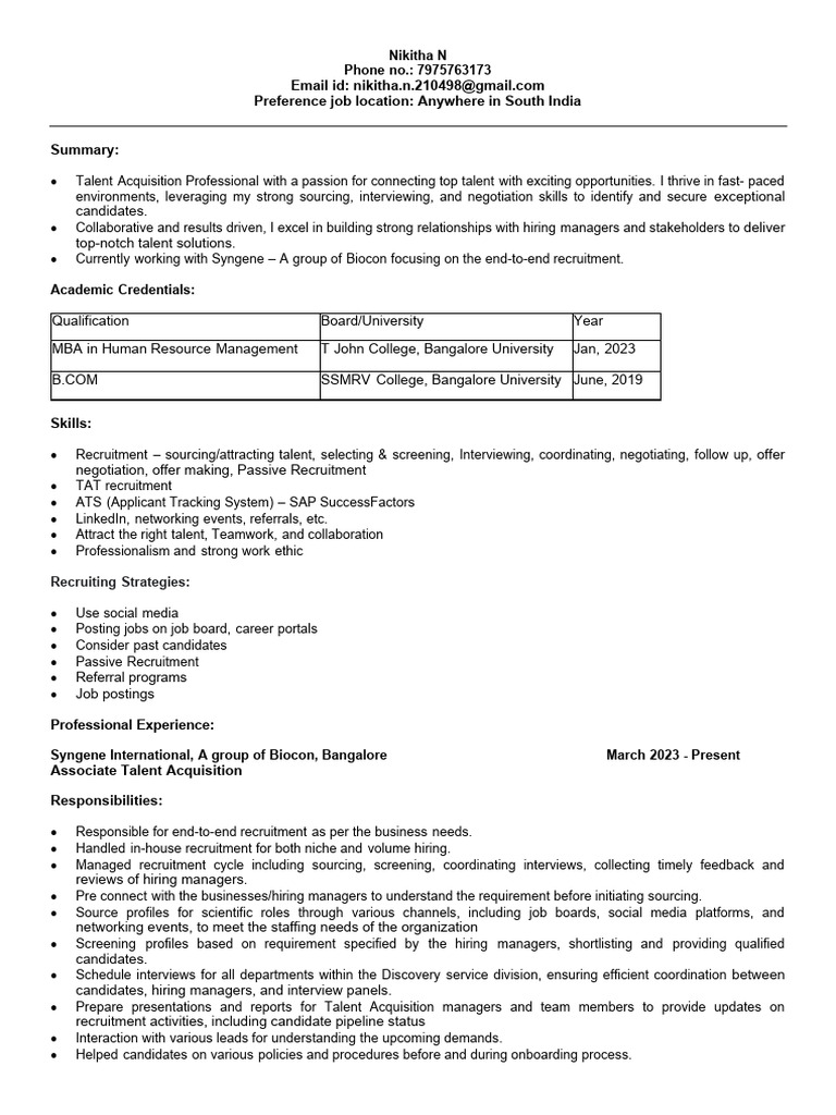 My CV - Nikitha N | PDF | Recruitment | Business