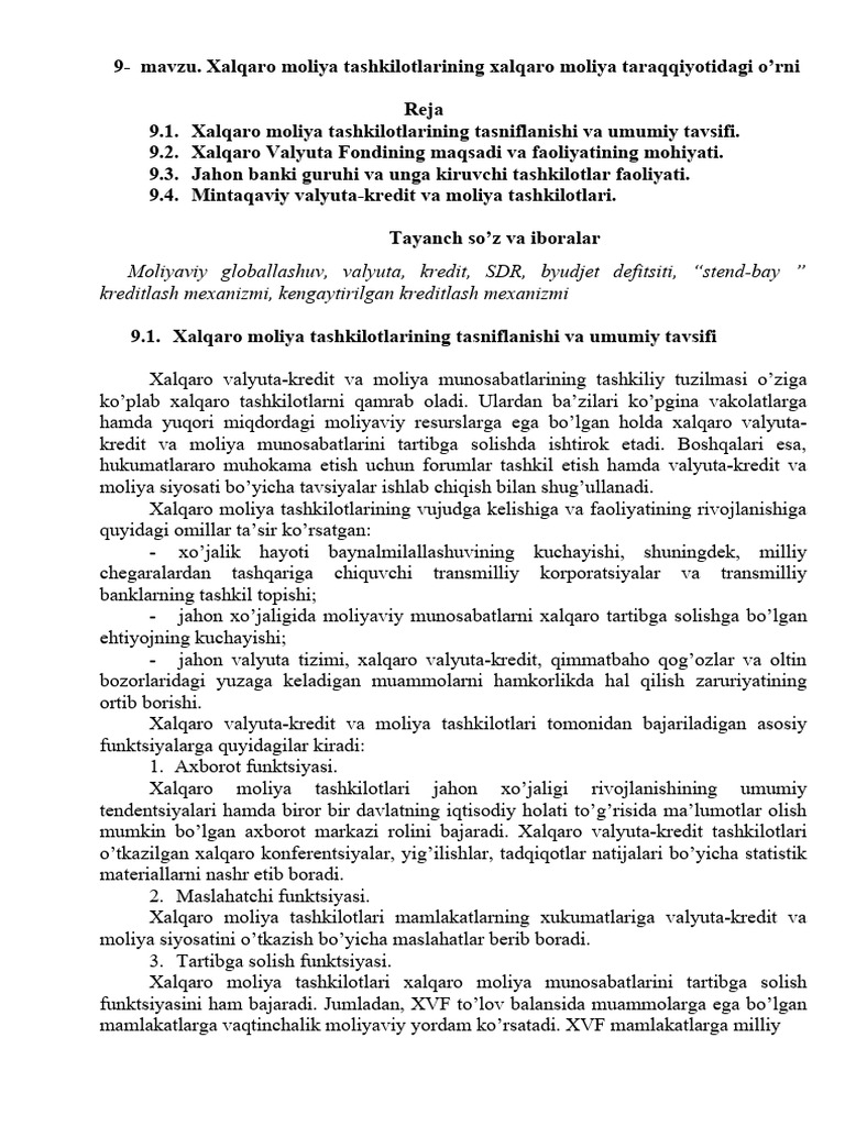 Xalqaro Moliya Tashkilotlarining Xalqaro Moliya Taraqqiyotidagi O'rni | PDF