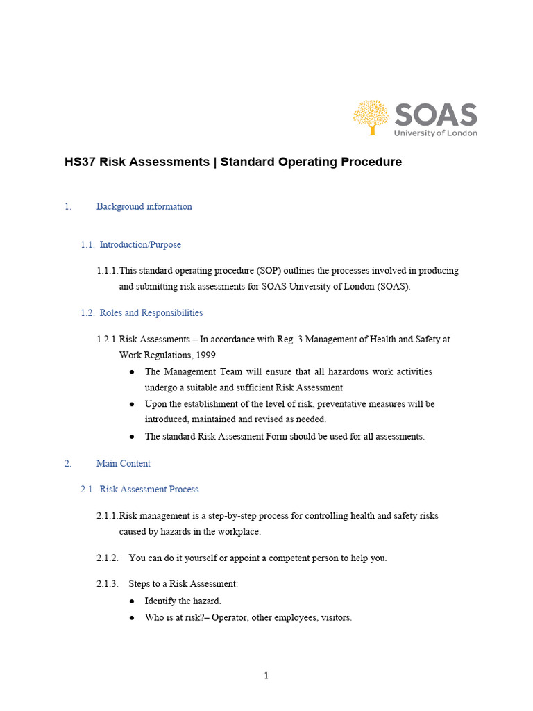 HS37 Risk Assessments (SOP) | PDF | Risk | Risk Assessment