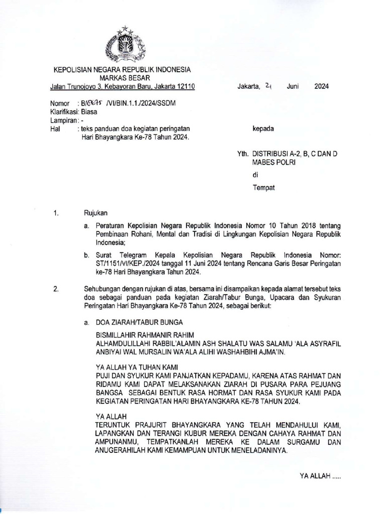 Teks Doa Hut Bhayangkara 2024 | PDF