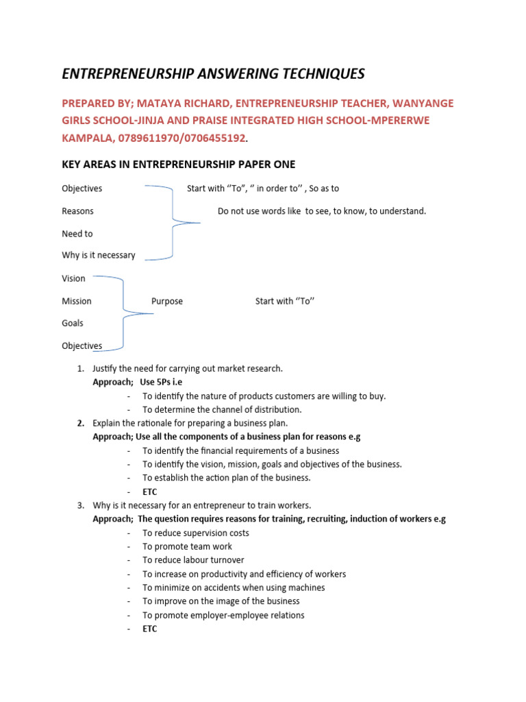 Entrepreneurship Paper 1 Answering Guide | PDF | Entrepreneurship ...