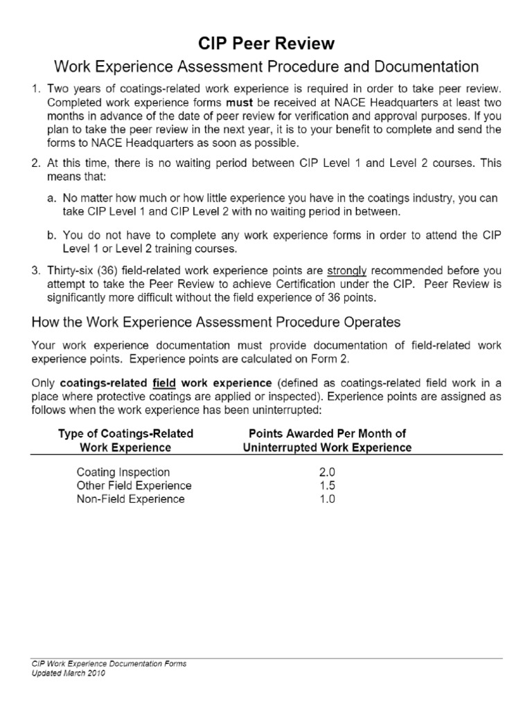 CIP Peer Review. Work Experience Assessment Procedure and Documentation - PDF | PDF