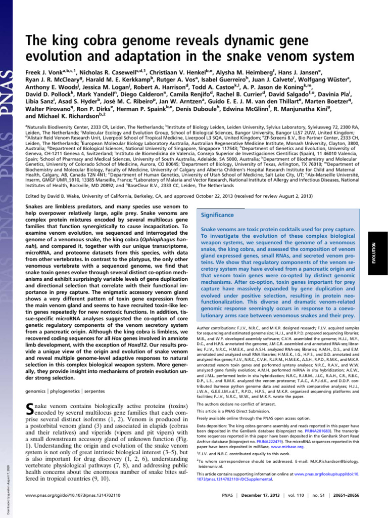 King Cobra Genome and Venom Evolution | PDF | Venom | Gene