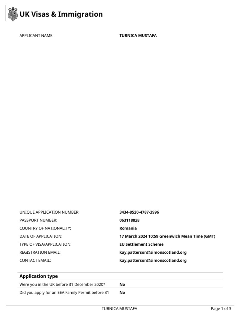 EU Settlement Scheme Application: Turnica Mustafa | PDF | Travel Visa ...